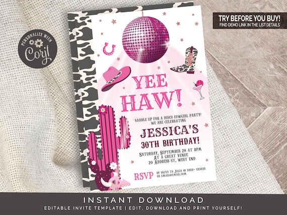 Disco Cowgirl Birthday Invitation Editable Digital File | Etsy