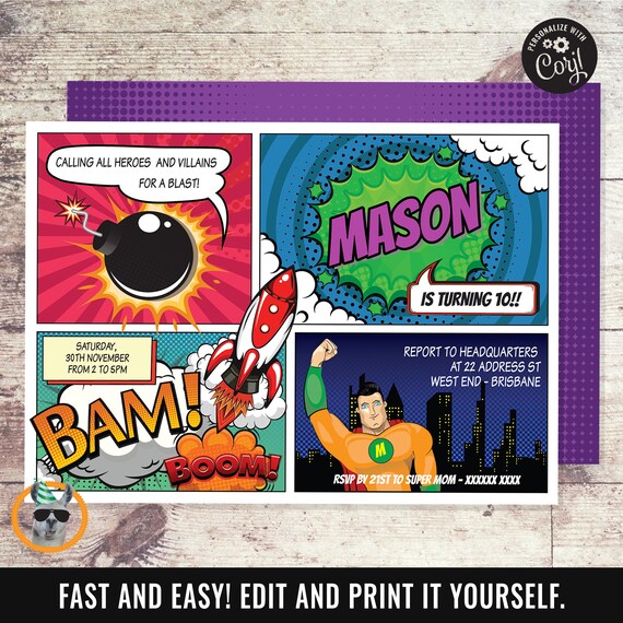 Superheroes Birthday Party Invitation Editable Digital File | Etsy
