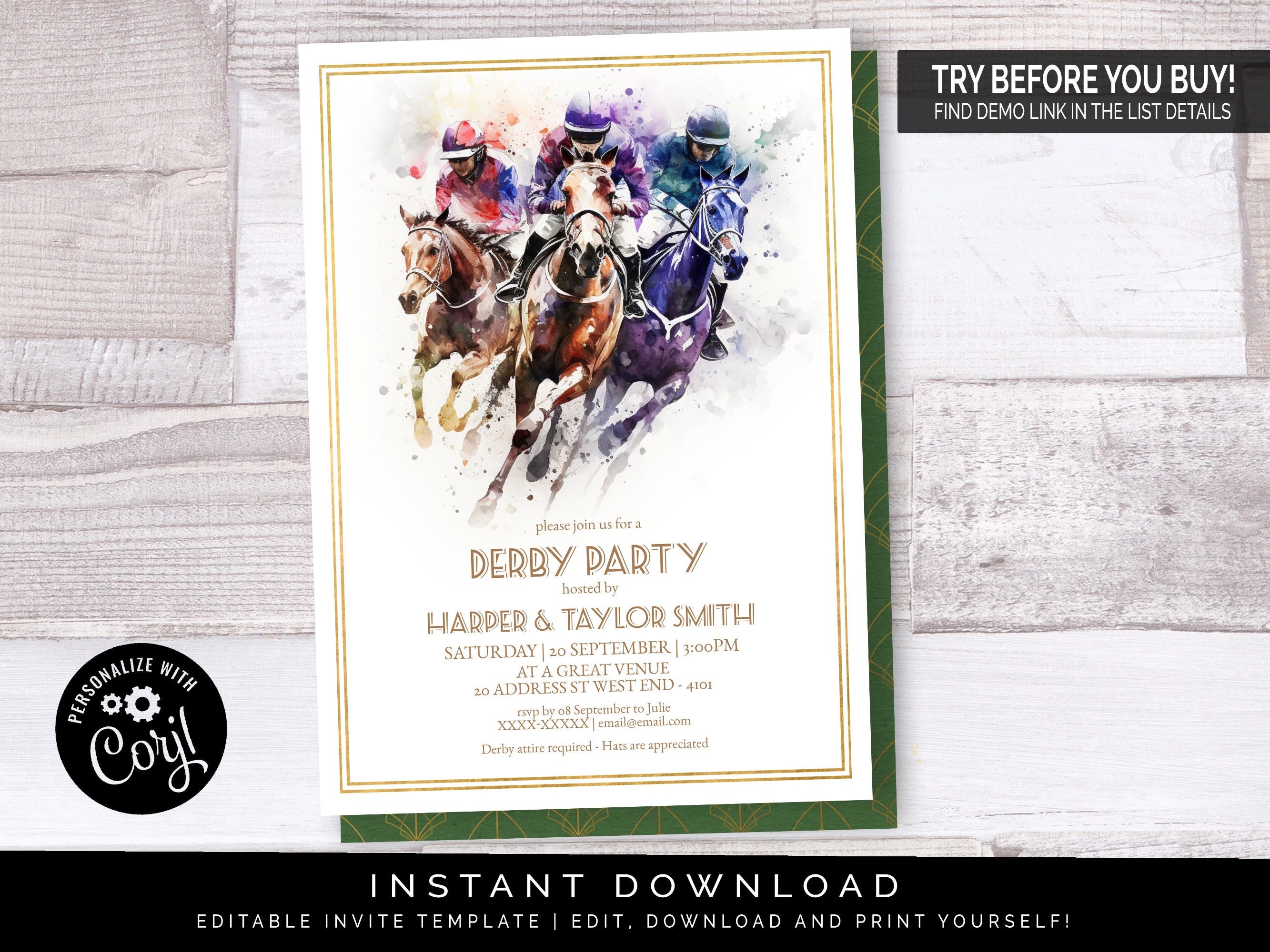 Elegant Race Horse Derby Party Equestrian Invitation Editable Digital ...