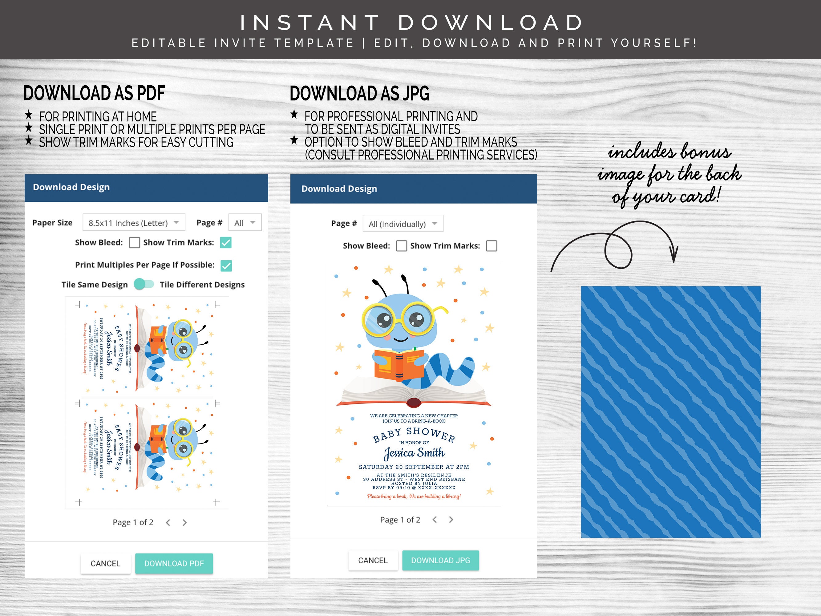 Blue Bookworm Book Themed Baby Shower | Editable Digital File - Etsy