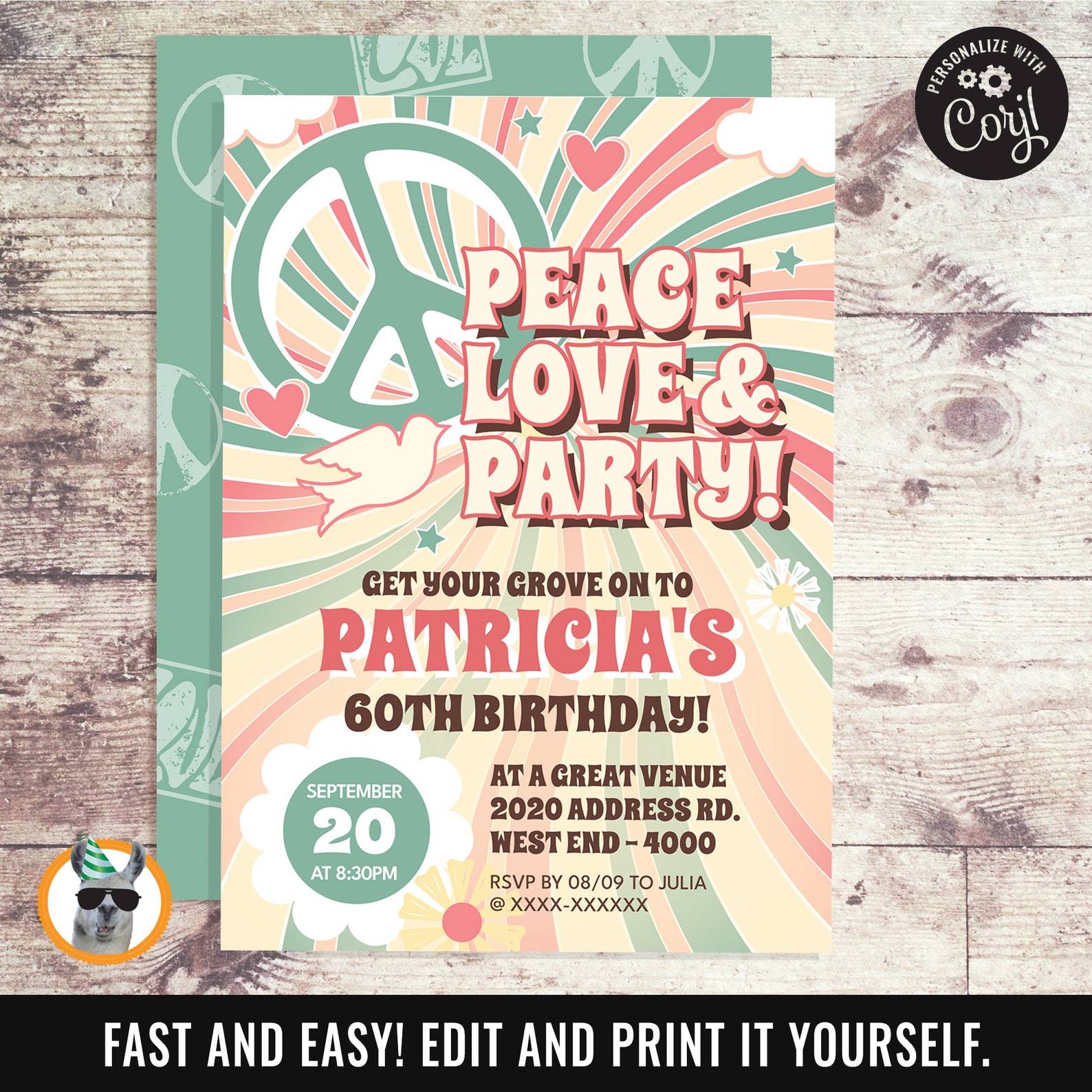 60s Hippie Party Invitation Green Editable Digital File | Etsy