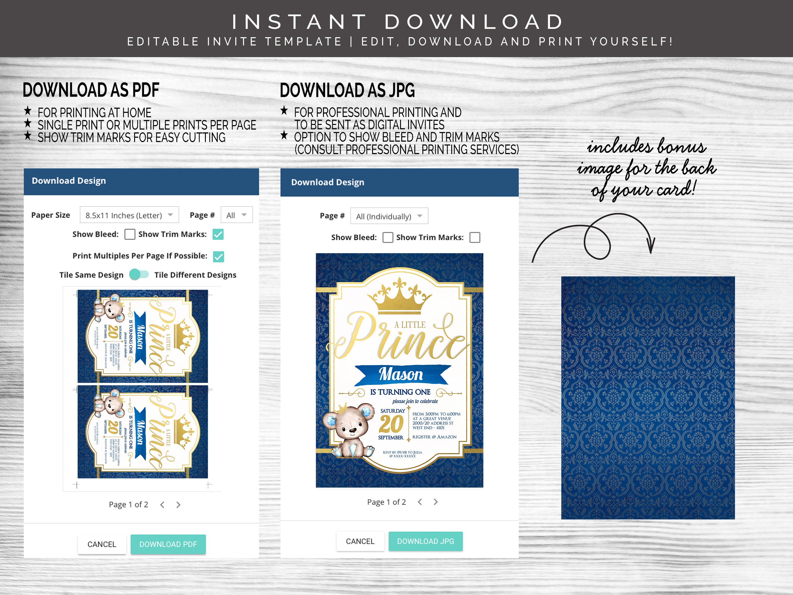 Teddy Bear Royal Prince Birthday Invitation | Editable Digital File - Etsy