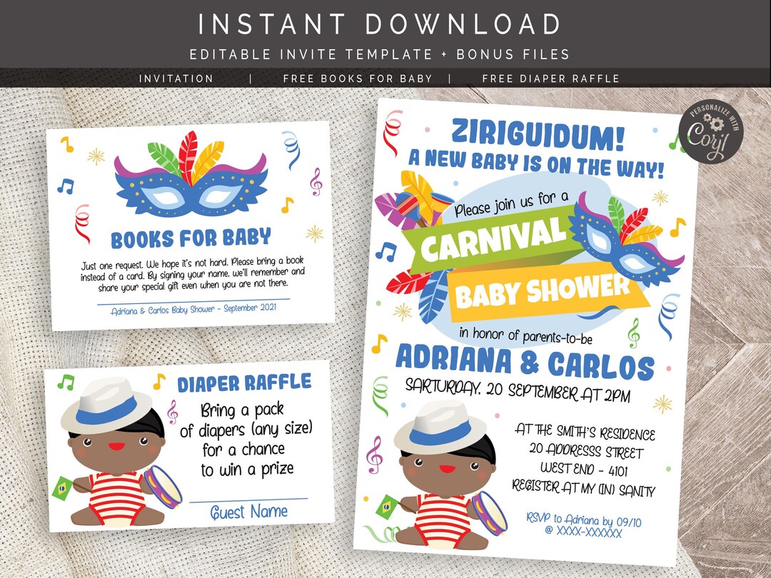 Afro Brazilian Carnival Baby Shower Invitation: Editable Digital Files ...
