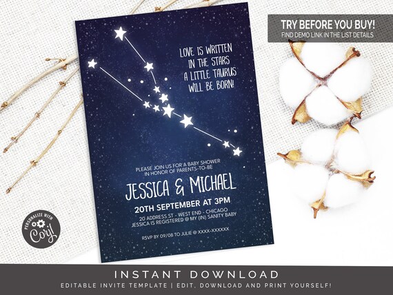 Taurus Astrology Baby Shower Invitation Editable Digital | Etsy
