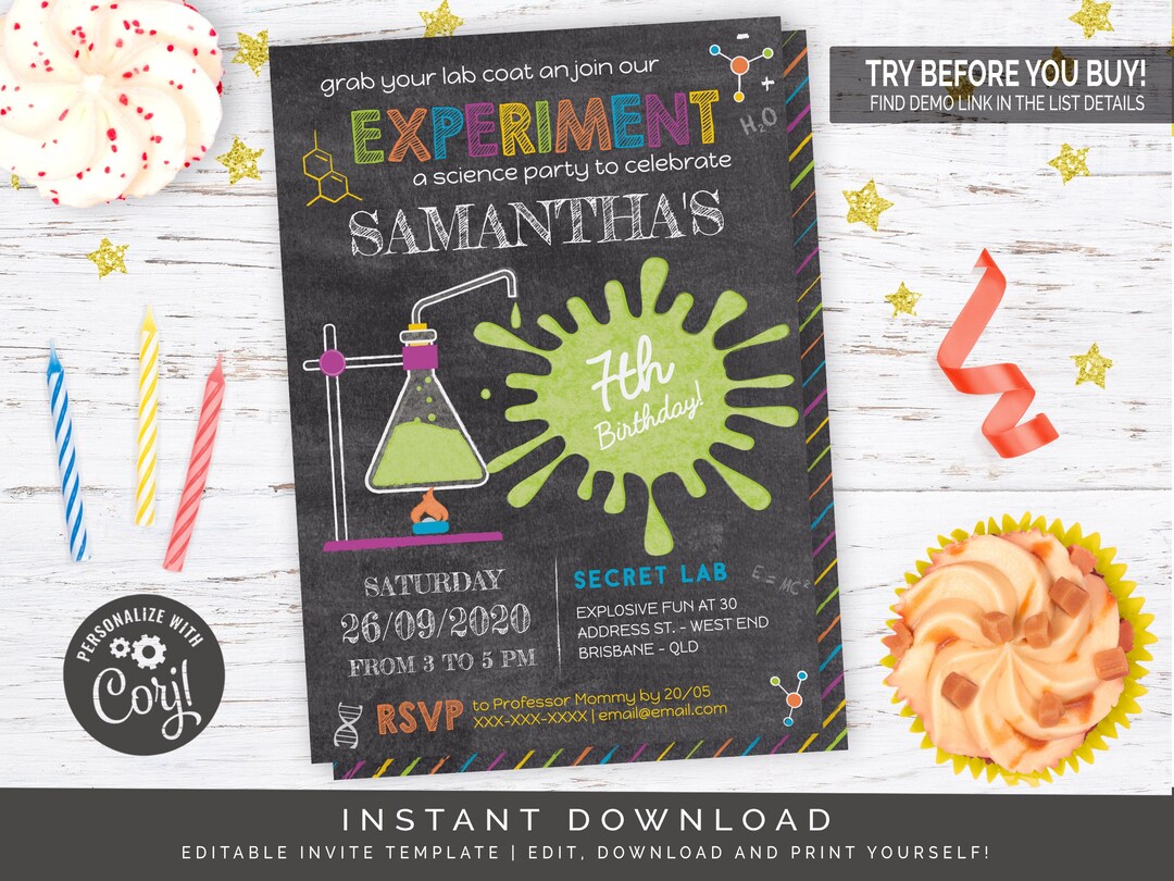 Chalkboard Mad Science Party Birthday Invitation | Editable Digital ...