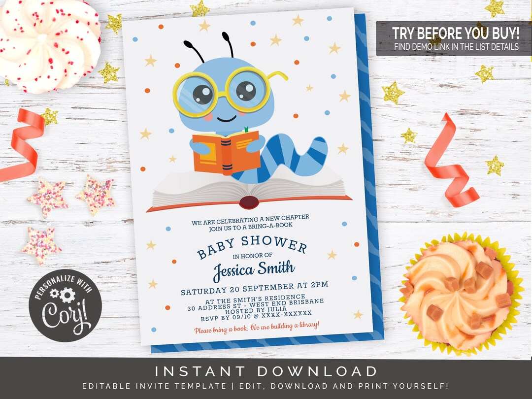 Blue Bookworm Book Themed Baby Shower | Editable Digital File - Etsy