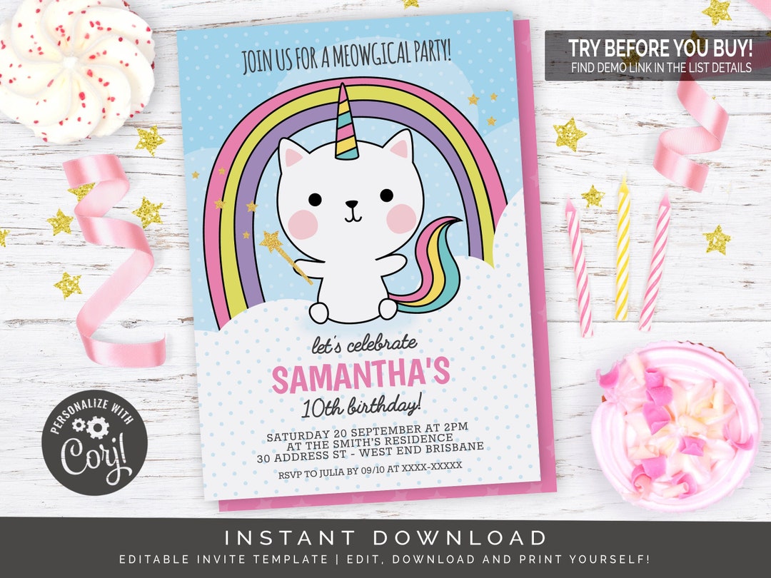 Magical Caticorn Birthday Party Invitation | Editable Digital File - Etsy