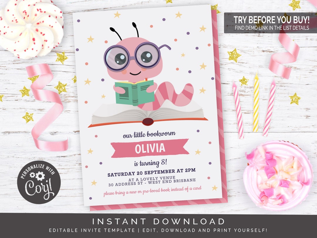 Pink Bookworm Birthday Party Invitation | Editable Digital File - Etsy