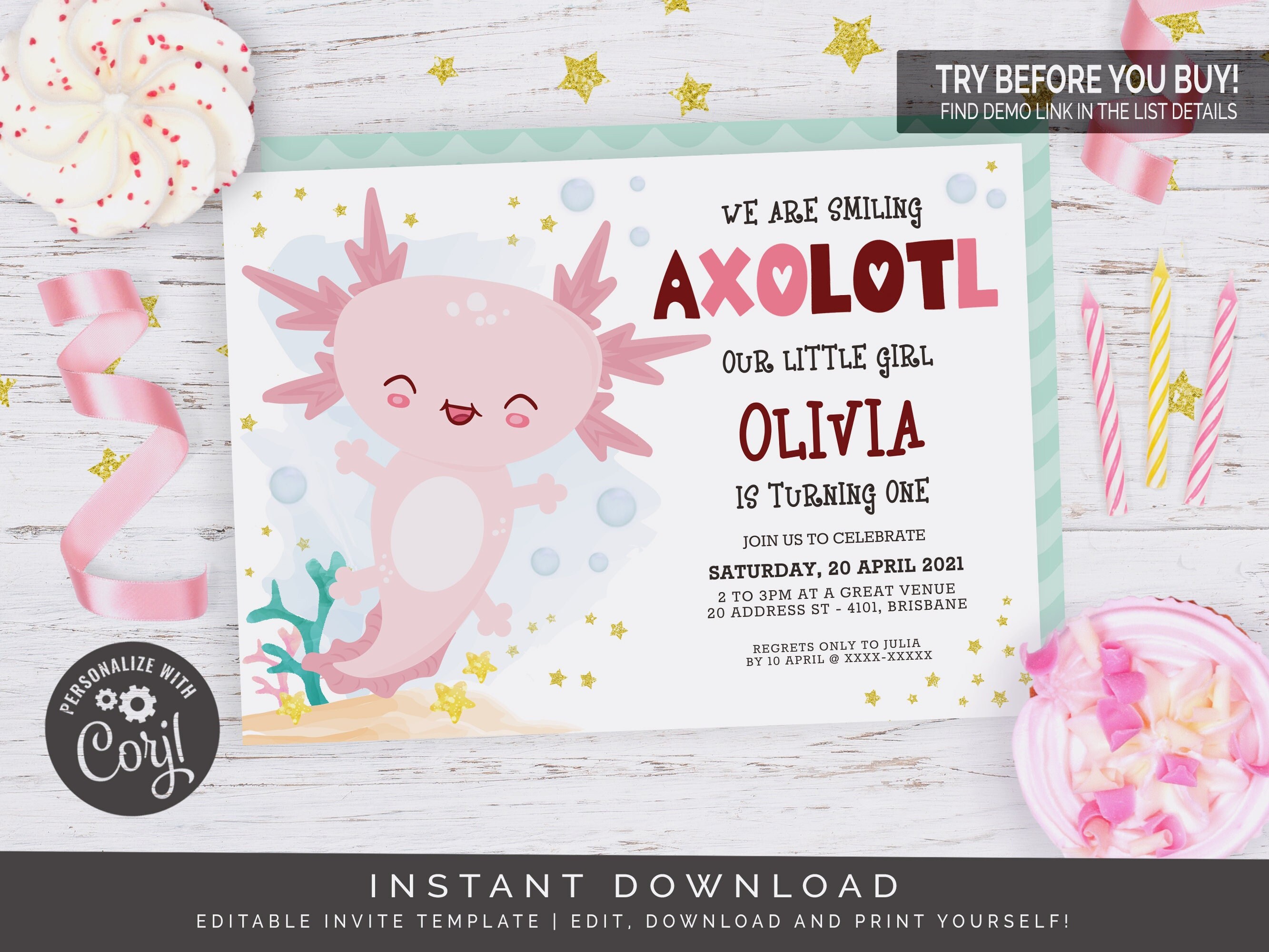 We Are Smiling Axolotl Birthday Invitation | Editable Digital File - Etsy