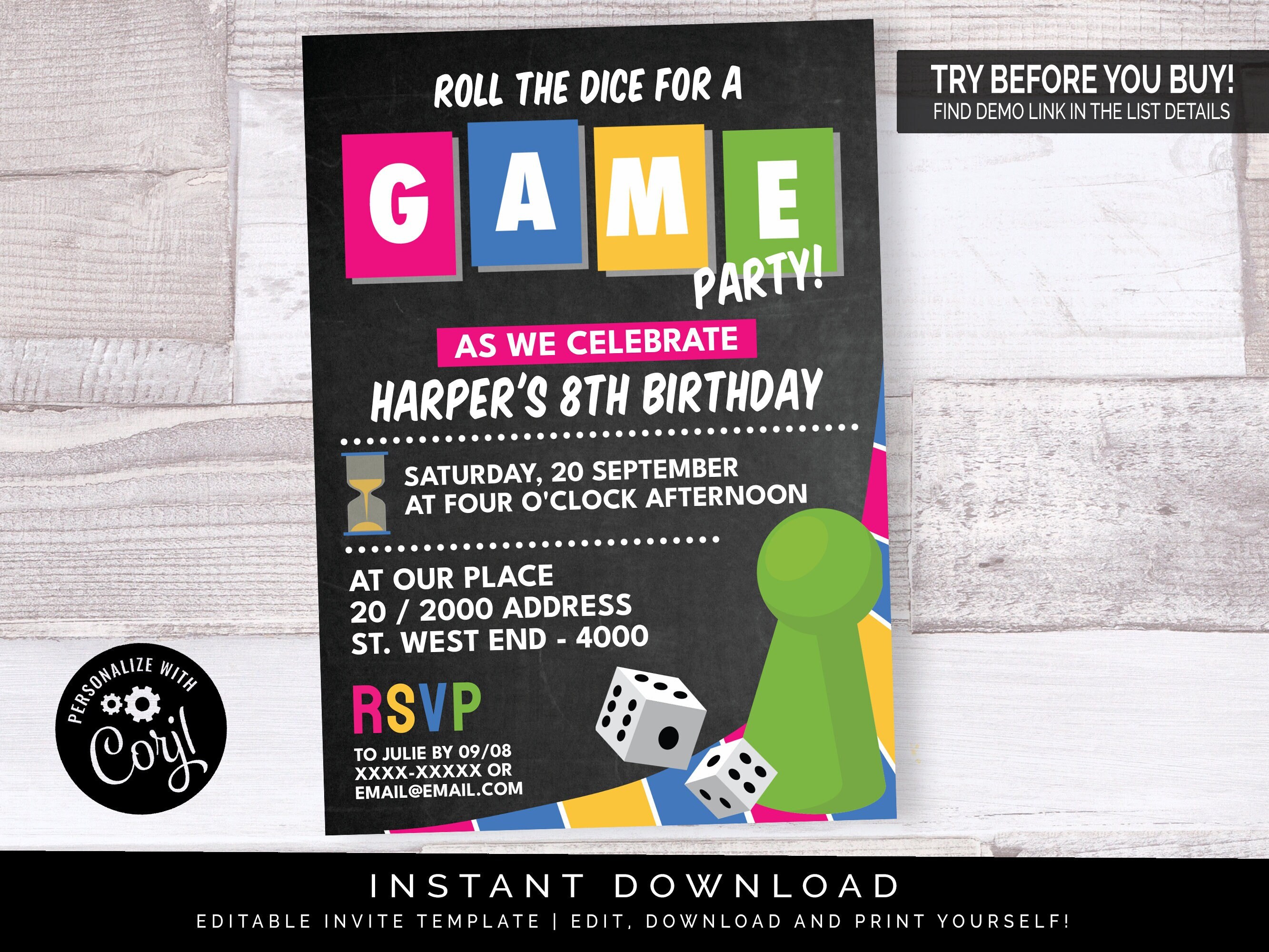 Board Game Party Invitation in Pink | Editable Digital File - Etsy