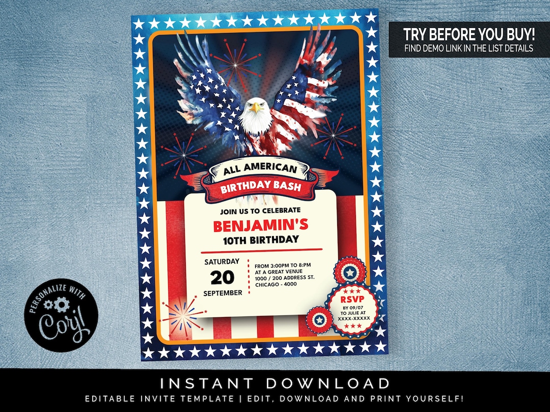 American Happy Birthday Invitation | Editable Digital File - Etsy