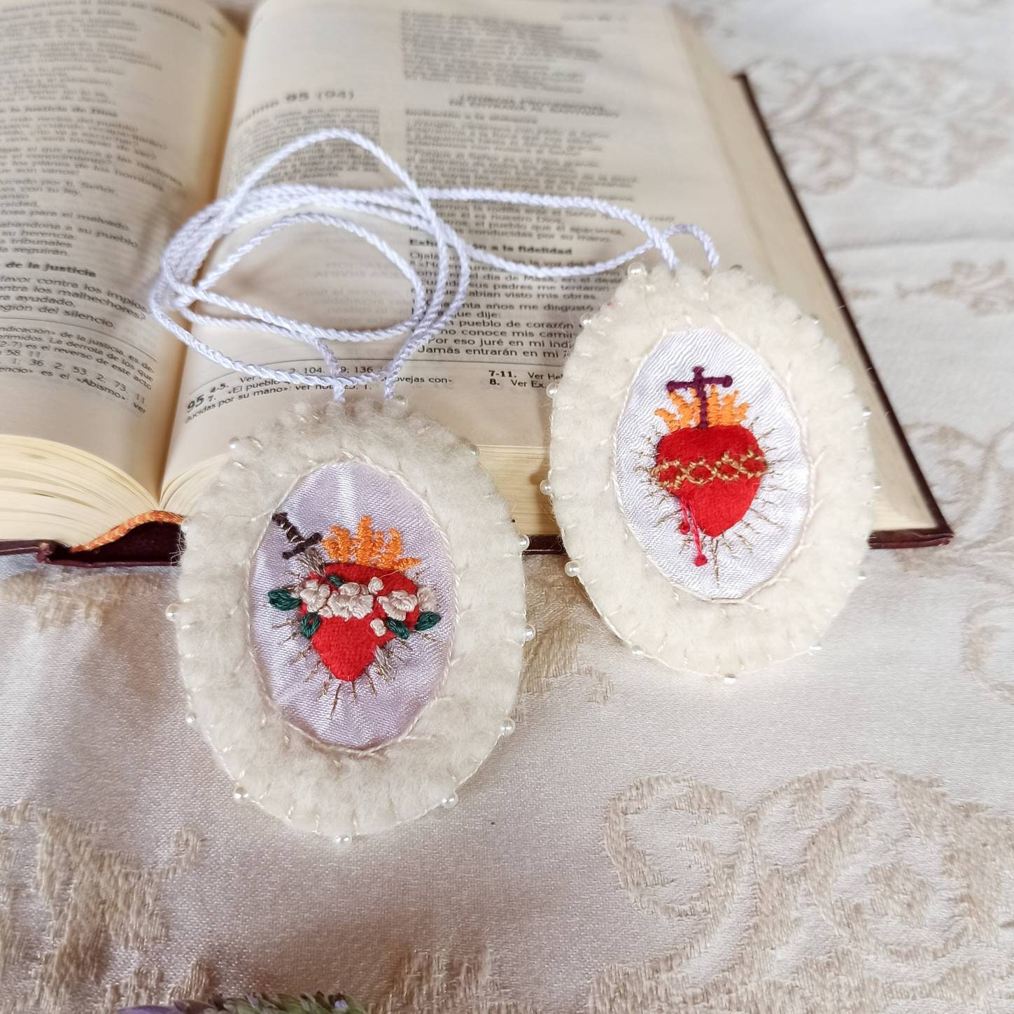 Catholic Scapular, Hand Felted Wool Art and Satin Hand Needlework, Set ...