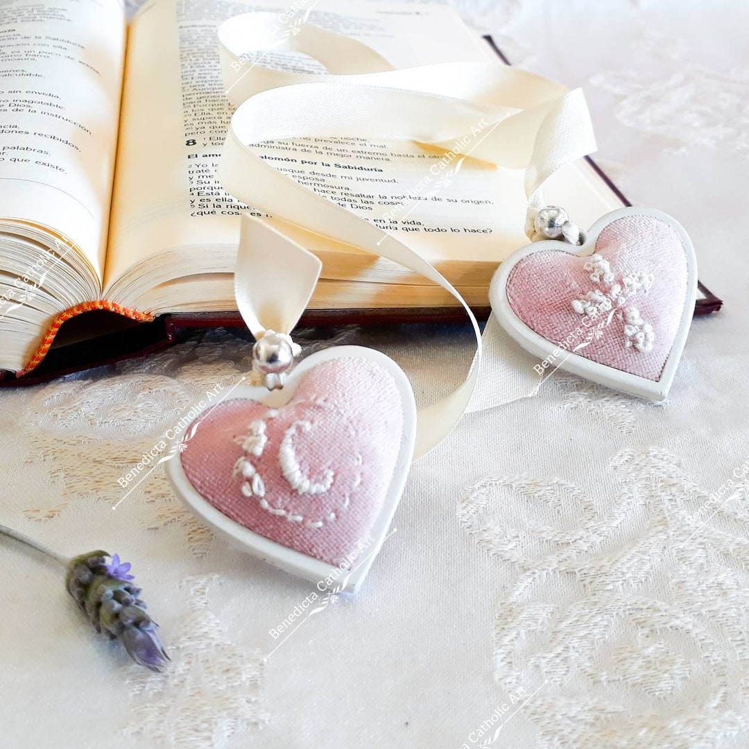Set of Pale Pink Heart Shaped Crib Medals for Babies, Cross in Little ...