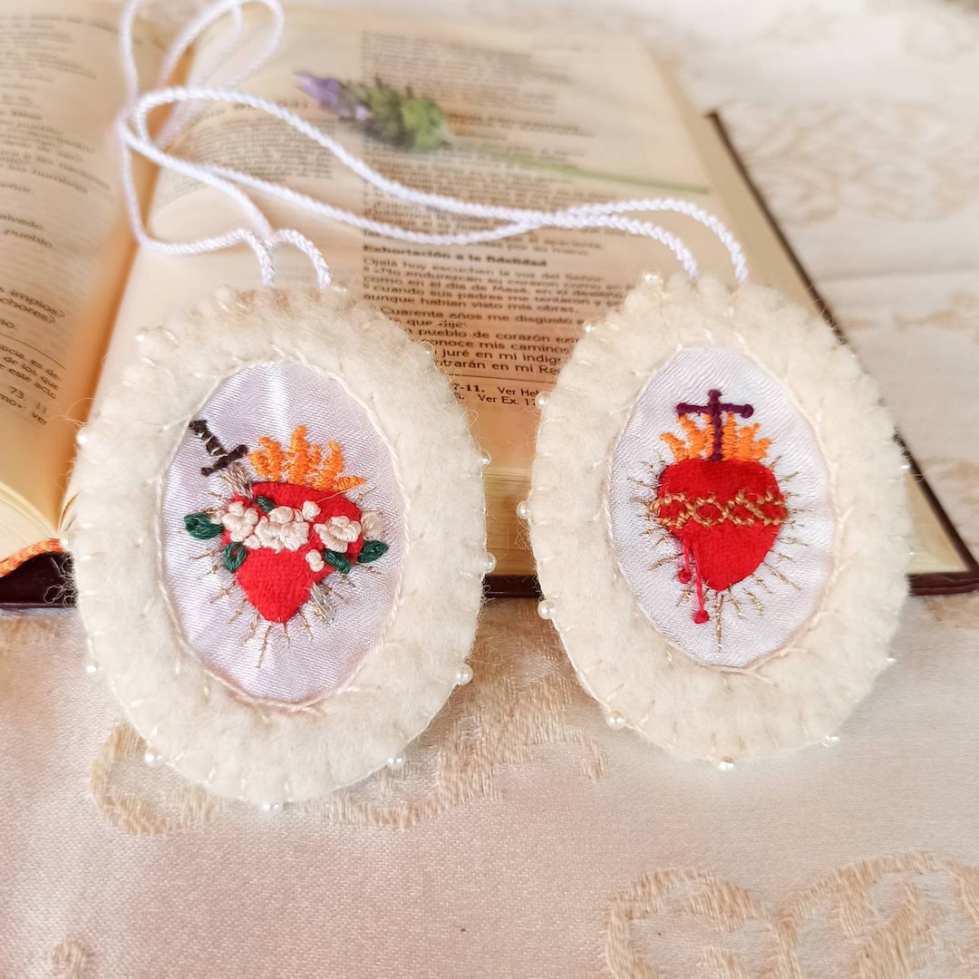 Catholic Scapular, Hand Felted Wool Art and Satin Hand Needlework, Set ...