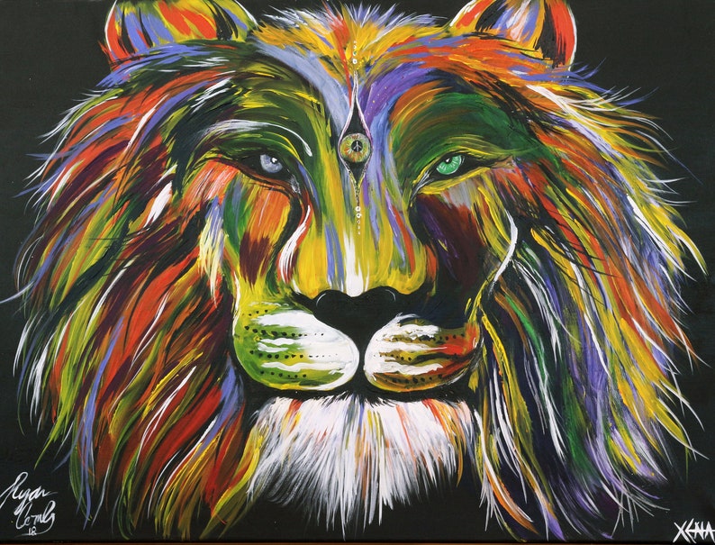 León abstracto pintura acrílica colorida, impresión 11"x14" - Etsy España