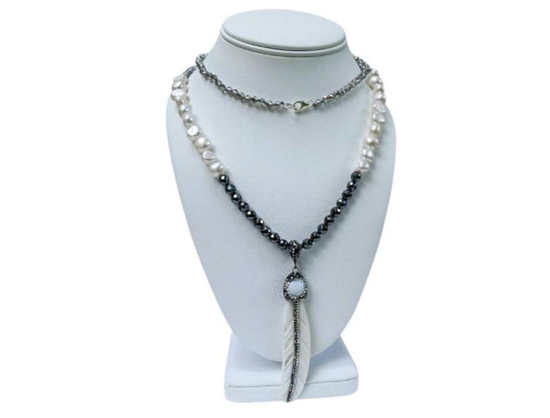 Hematite Mother of Pearl Feather Necklace: Sterling Silver Clasp, Boho ...