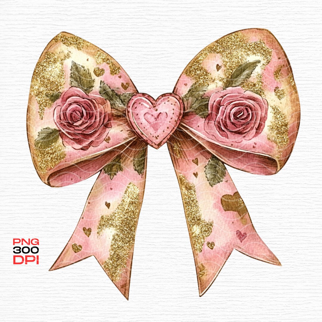 Coquette Pink Rose Heart Bow Clipart PNG Romantic Valentine Ribbon ...