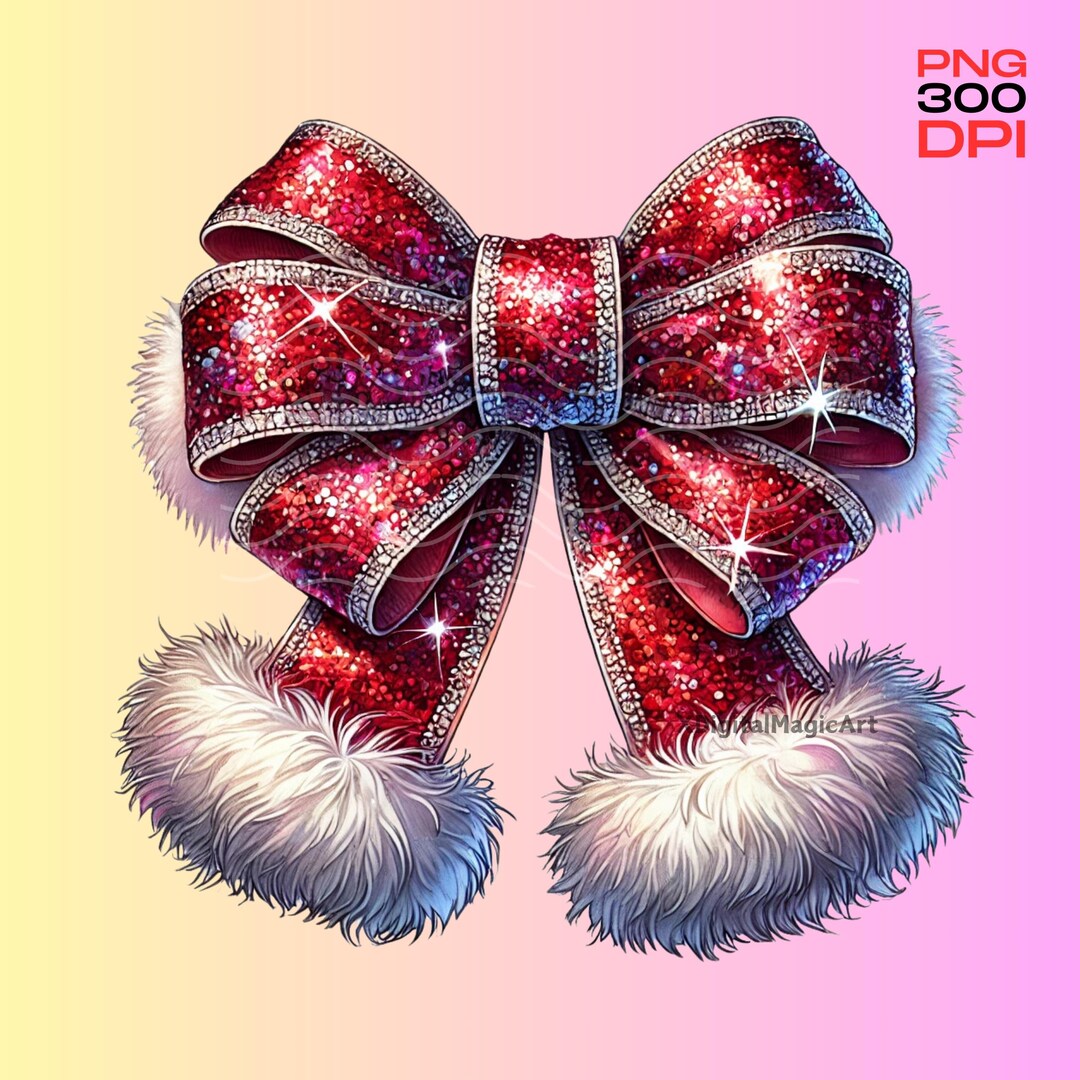 Christmas Coquette Bow PNG, Festive Glitter Bow Clipart for Sublimation ...