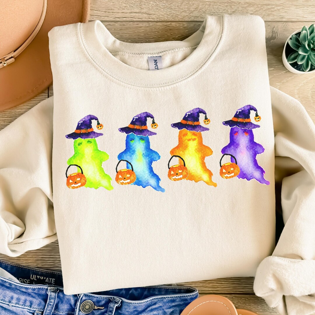 Neon Halloween Ghost PNG Clipart, Watercolor Ghosts With Witch Hats and ...