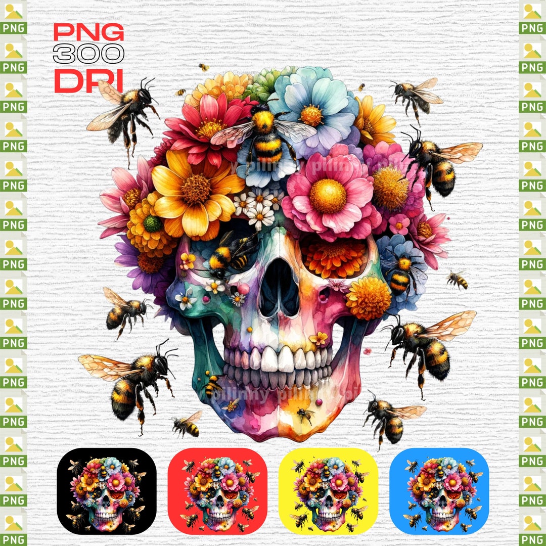 Watercolor Flower Bee Skull PNG Clipart Artistic Sublimation Design ...
