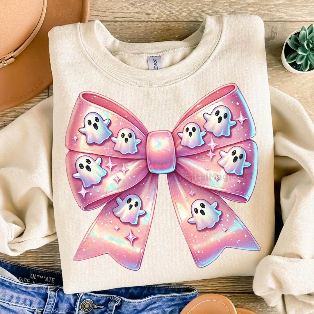 Cute Halloween Ghost Bow PNG, Coquette Pink Bow With Ghosts Clipart ...