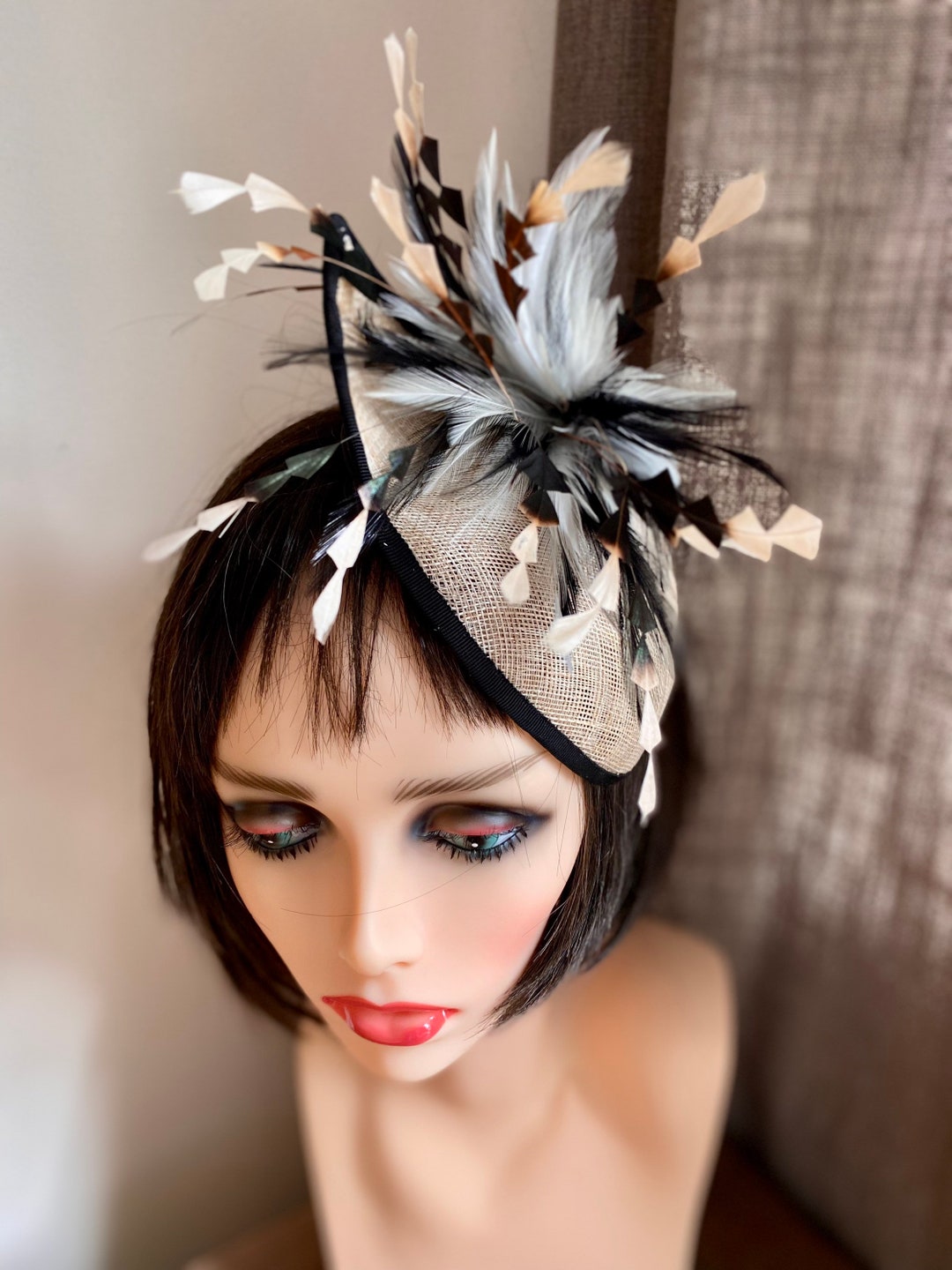 Unique Fascinator Mini Hat Cream and Black, Feathers. Ascot the Races ...