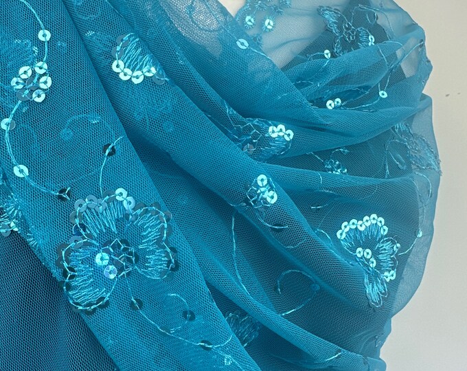 Turquoise Blue Mesh Lace Net Sequins Shawlfashionable Dressy Formal ...