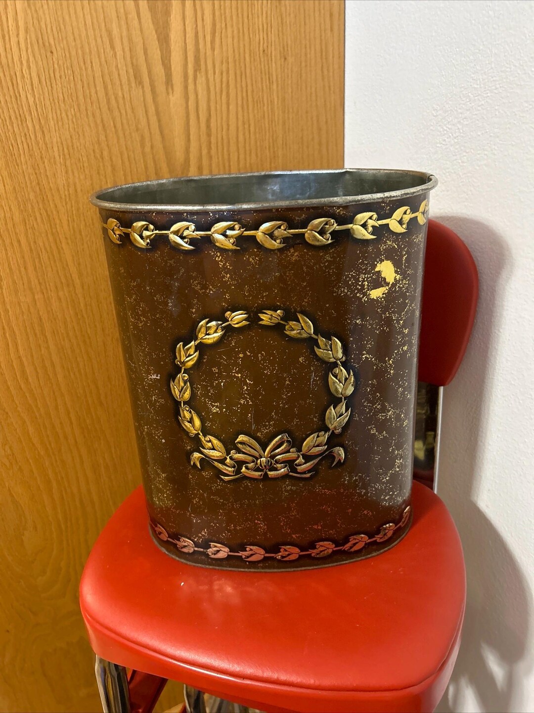 Vintage J.L. Clark Mcm Metal Trash Can Waste Basket 13” Raised Design ...