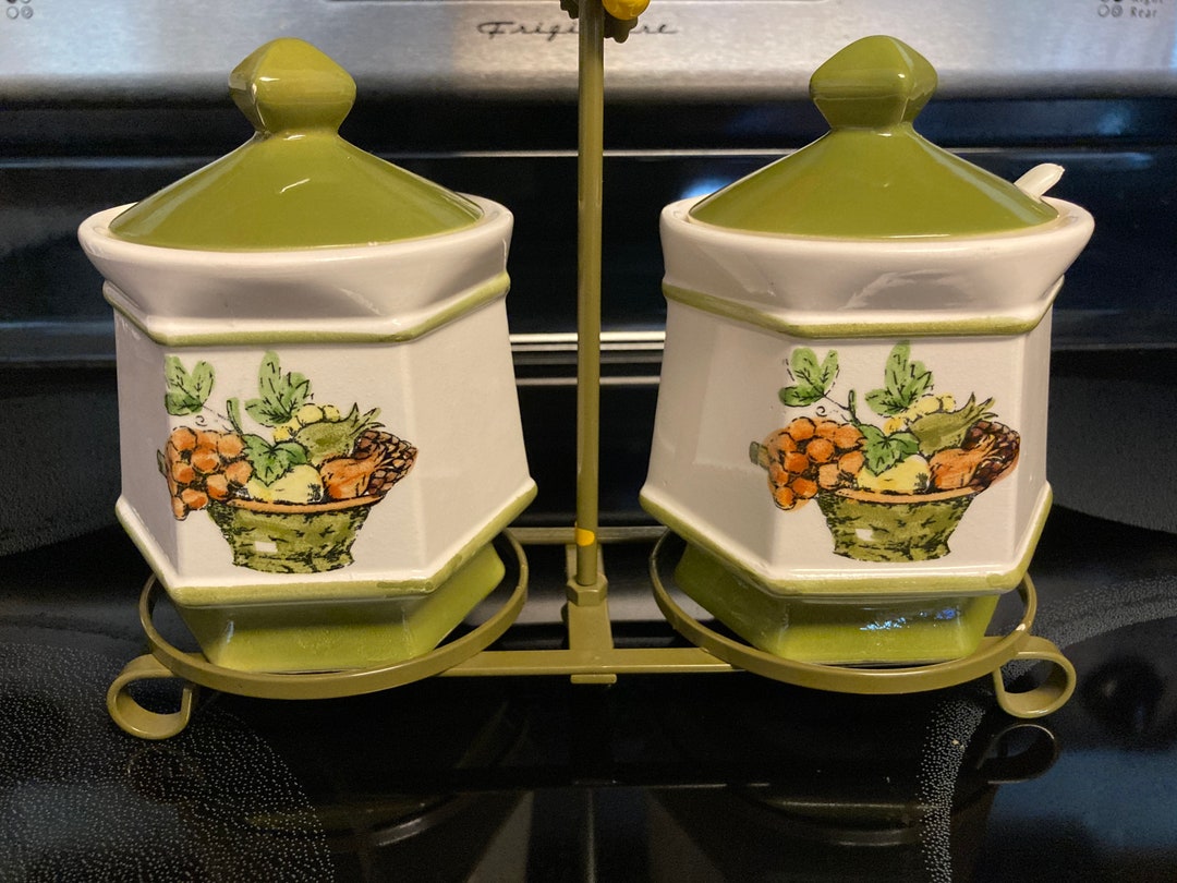 Vintage Jam/jelly Jars in Caddy, Avocado Green With Fruit Basket Jelly ...