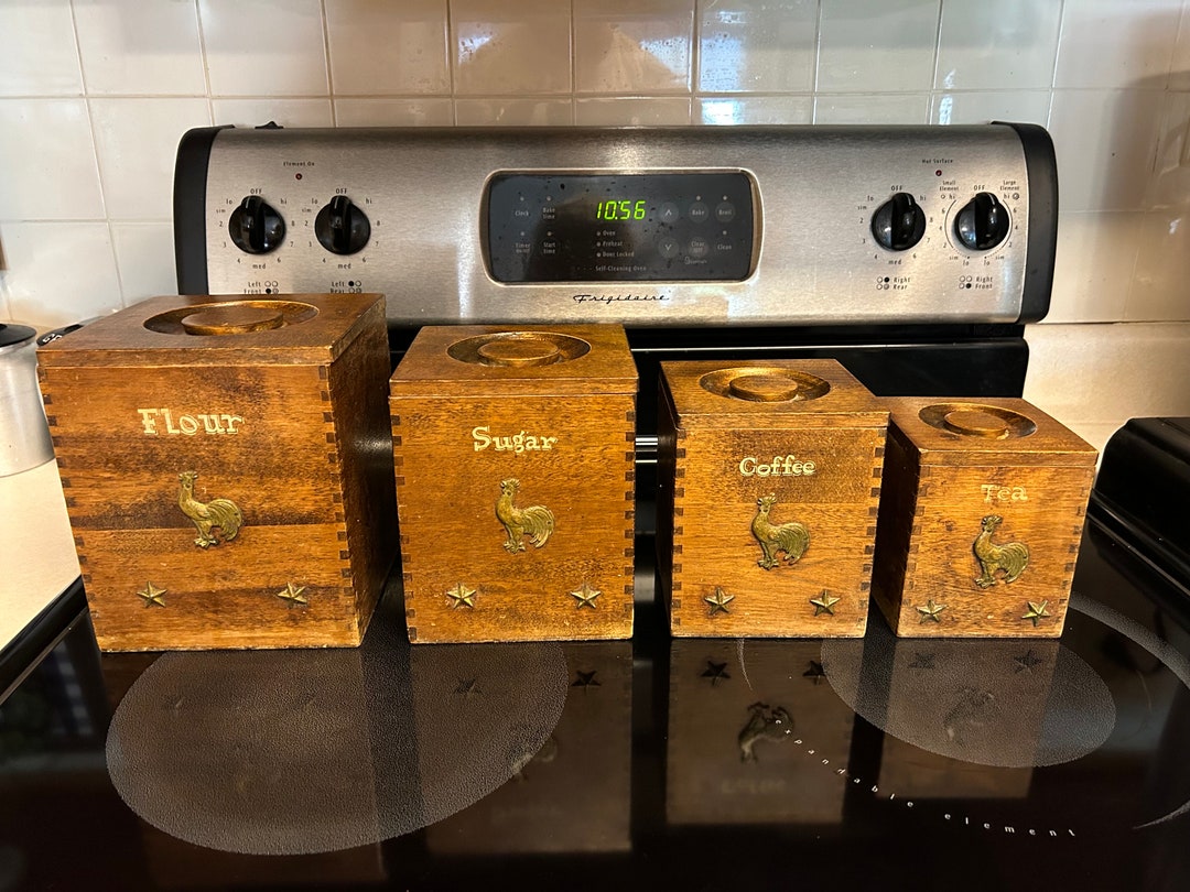 Vintage Rooster Chicken Wooden Dovetail Nesting Canister Set of 4 Gail ...