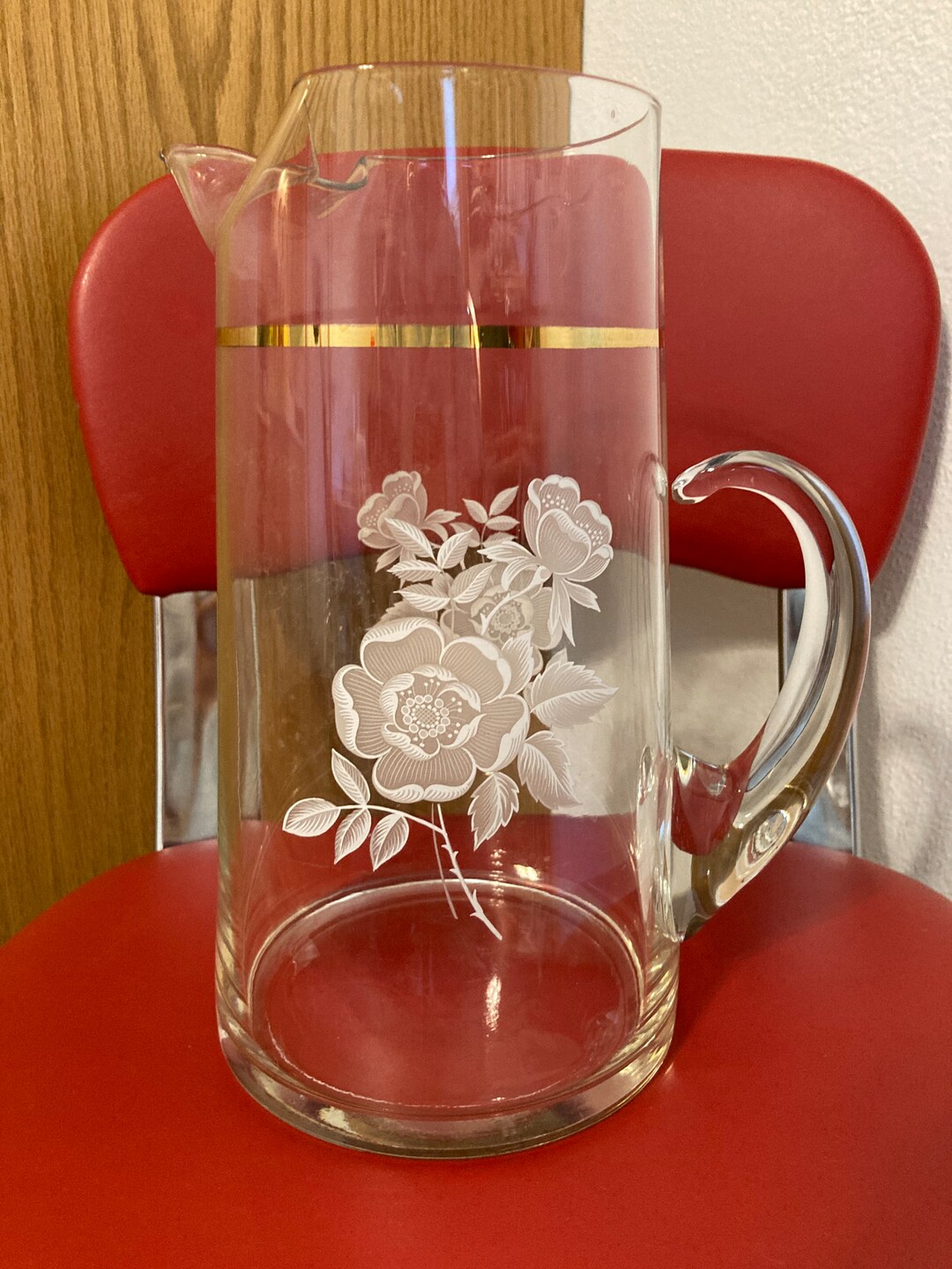 West Virginia Glass Clear With Gold Band Pitcher With White Flowers ...