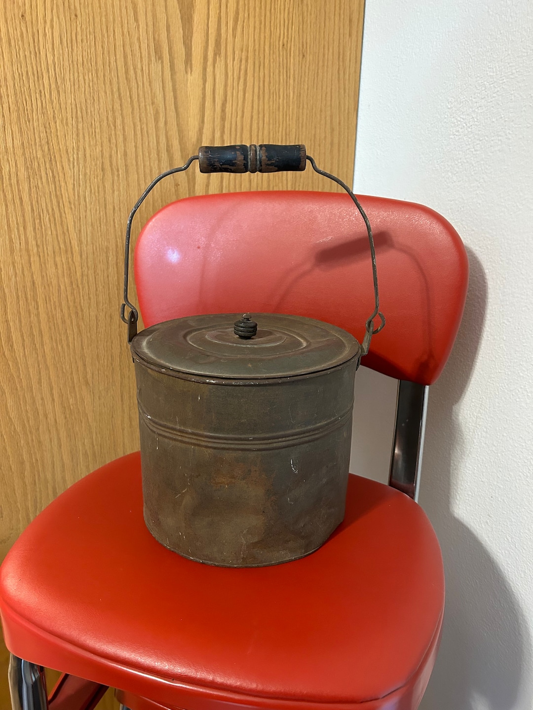 Antique Tin Lunch Pail / Berry Bucket With Lid - 6.5” Tall X 7.5 ...