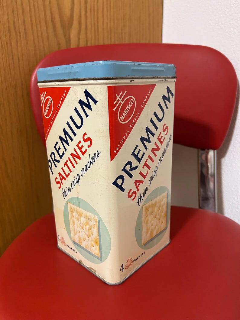 Vintage Nabisco Premium Saltines Cracker Tin Canister English and ...