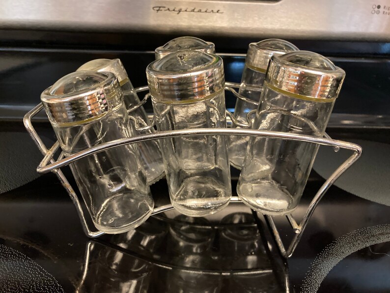 Vintage Glass Spice Jars and Rack, Vintage Spice Rack, Glass Jar Spice ...