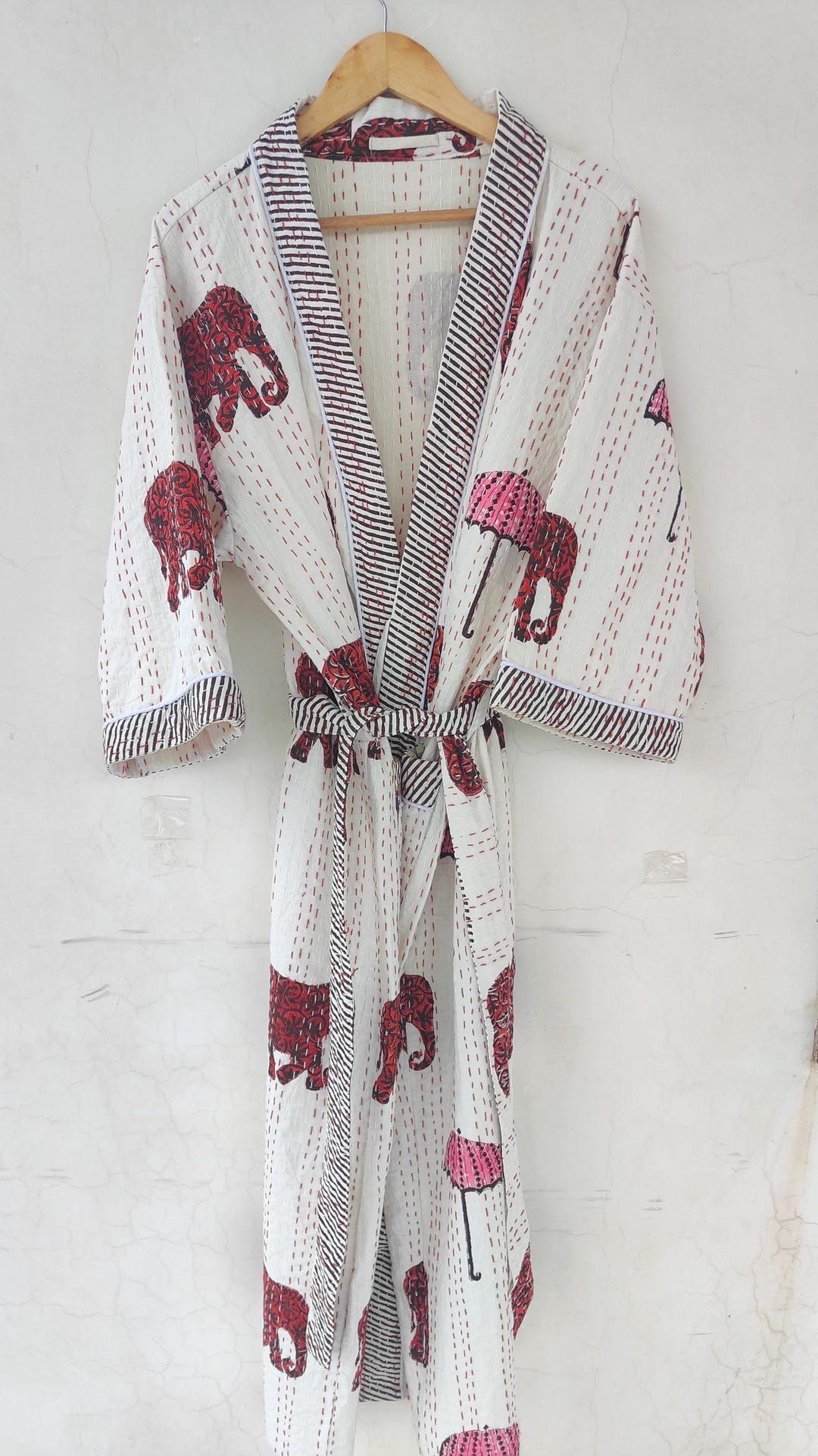 Elephant Hand Block Print Kimono Robe, Long Dressing Gown, Bathrobe ...