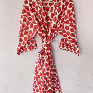 Red Fruit Pure Cotton Kimono Robe, Indian Block Print Kimono Robe ...