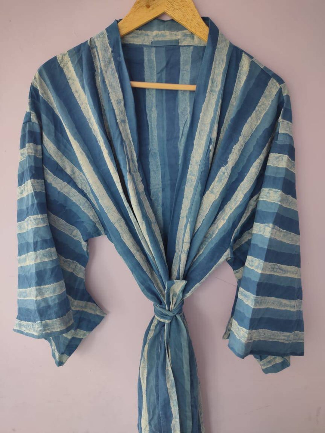Blue Strip Handblock Kimono Robe, Japanese Kimono Cardigan Robe, Bath ...