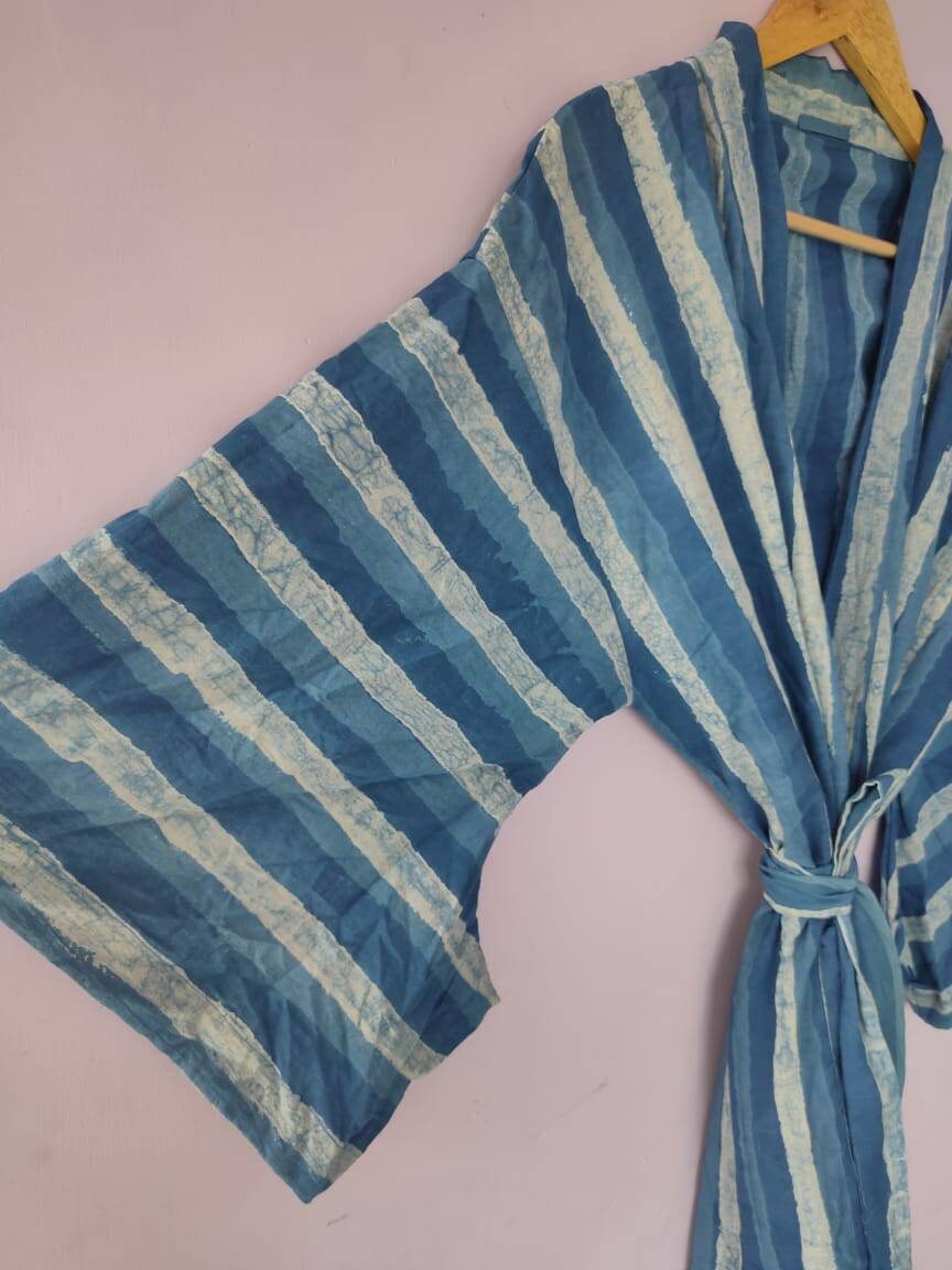 Blue Strip Handblock kimono robe Japanese kimono Cardigan | Etsy
