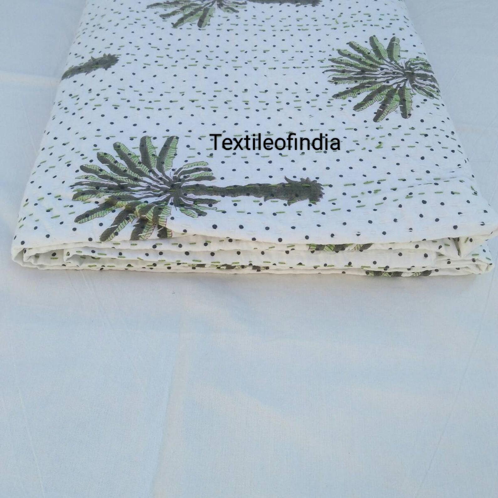 Indian Handmade Pure Cotton Tree Print Kantha Quilt Vintage Kantha ...