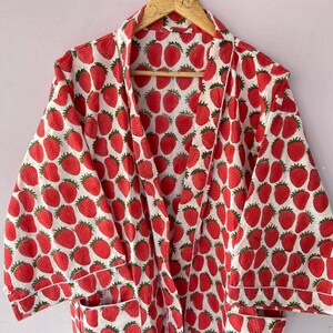 Red Fruit Pure Cotton Kimono Robe, Indian Block Print Kimono Robe ...