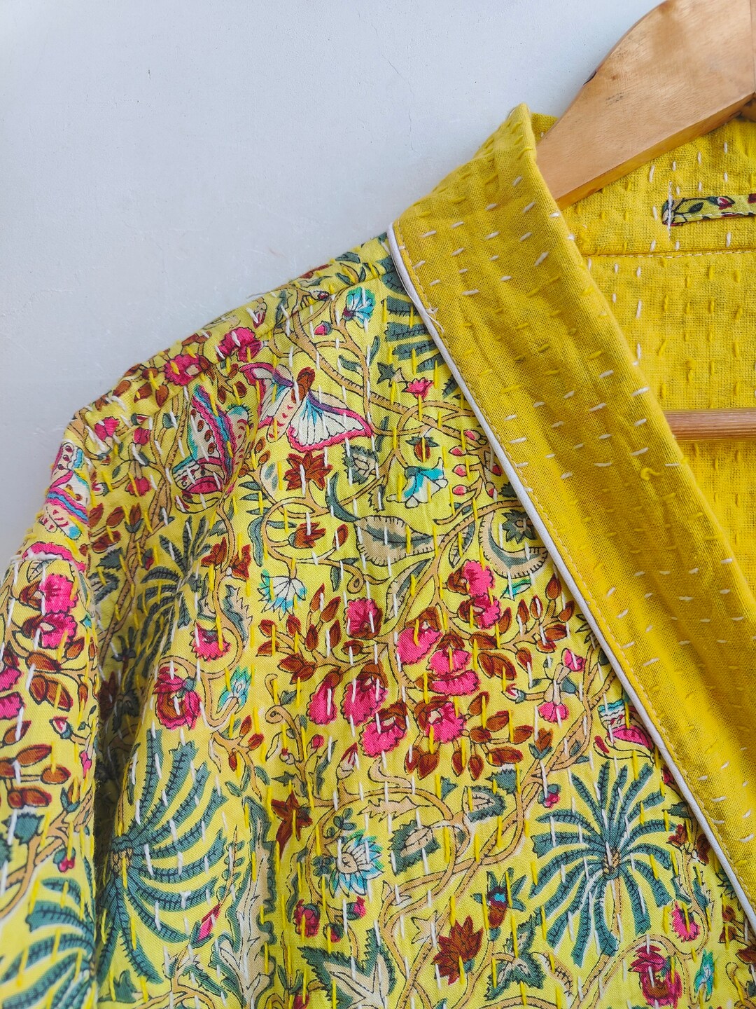 New Yellow Quilted Kimono Robe, Unisex Handmade Kimono, Indian Robe for ...