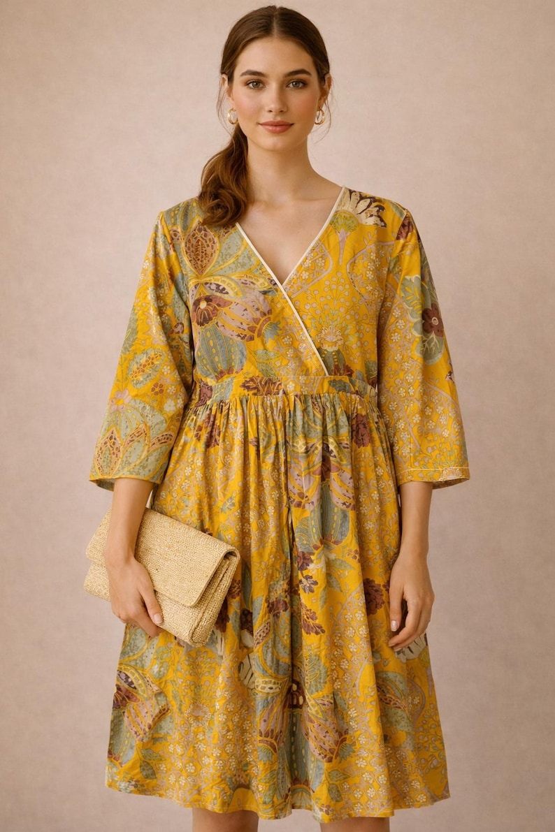 Handblock Print Dress for Women | Vintage Yellow Floral Inspired Cotton ...