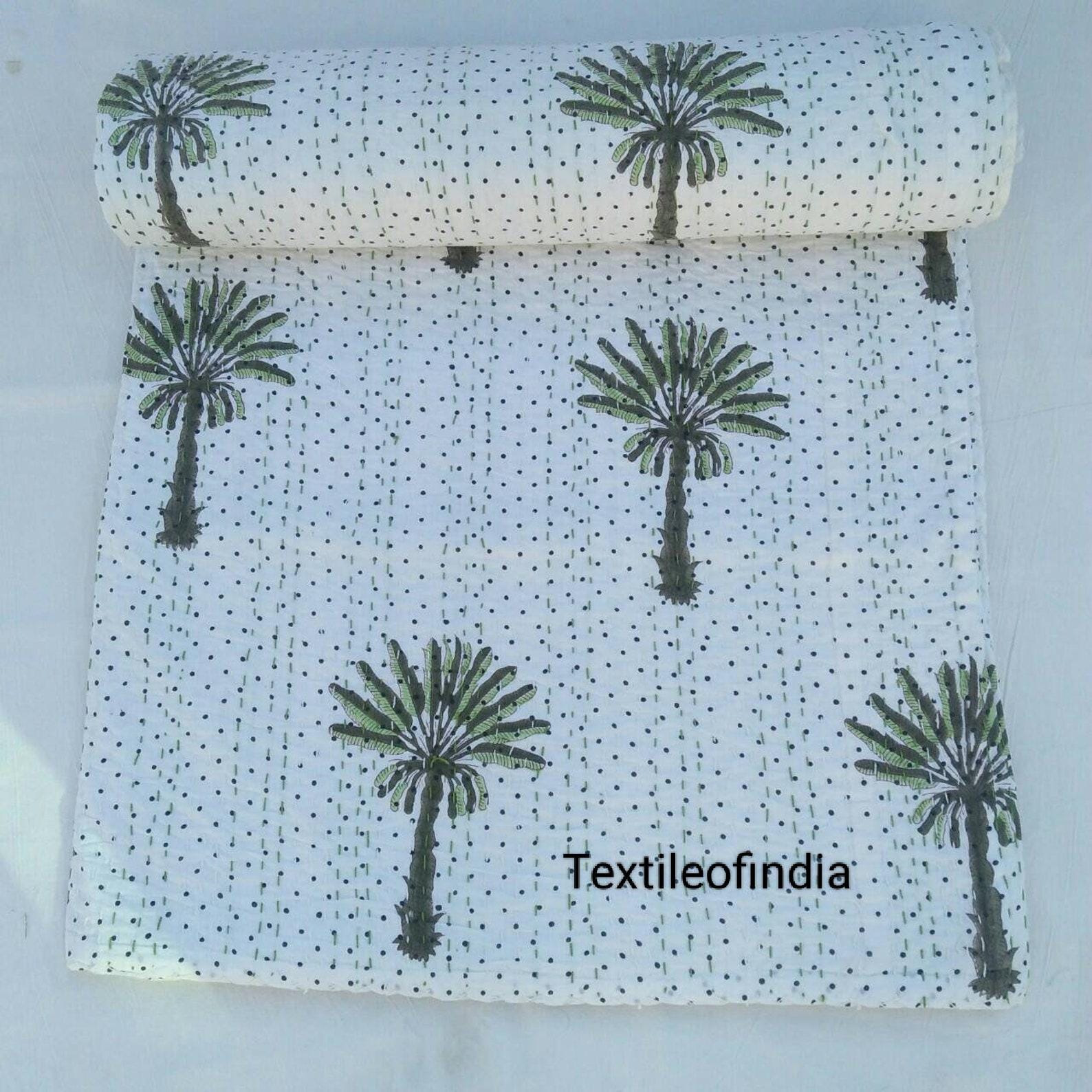 Indian Handmade Pure Cotton Tree Print Kantha Quilt Vintage Kantha ...