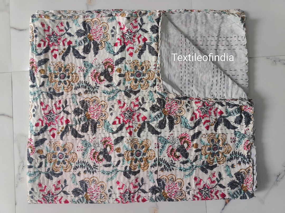 Indian Handmade Pure Cotton Plants & Tree Print Kantha Quilt, Vintage ...