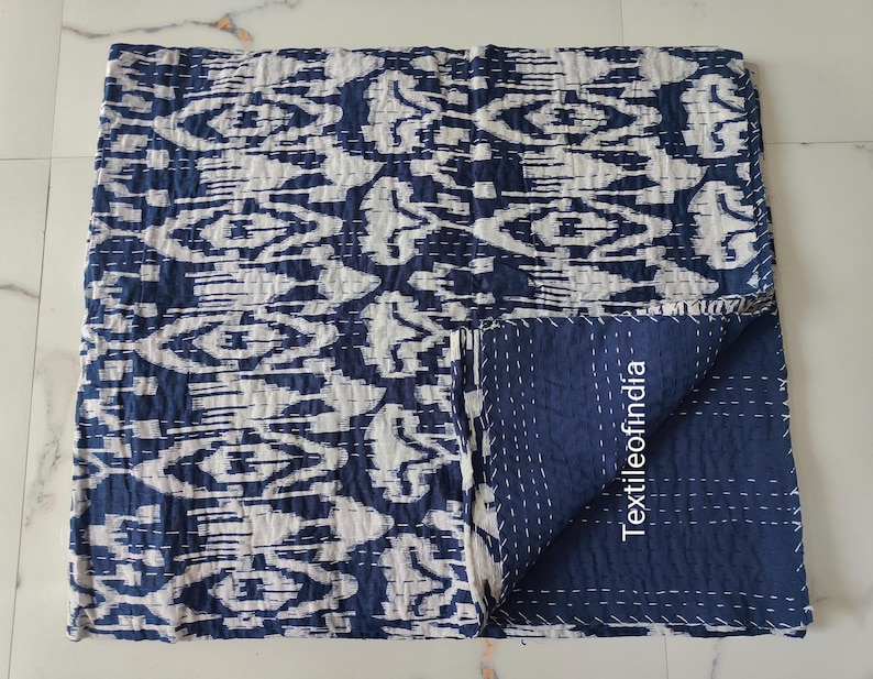 New Ikat Print Kantha Quilt, Blue Indigo Kantha Blanket, Kantha ...