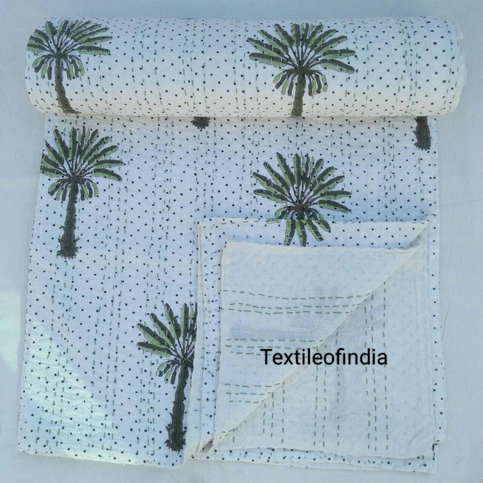 Indian Handmade Pure Cotton Tree Print Kantha Quilt Vintage Kantha ...