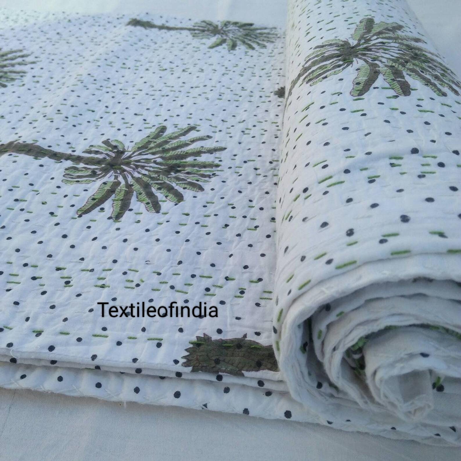 Indian Handmade Pure Cotton Tree Print Kantha Quilt Vintage Kantha ...