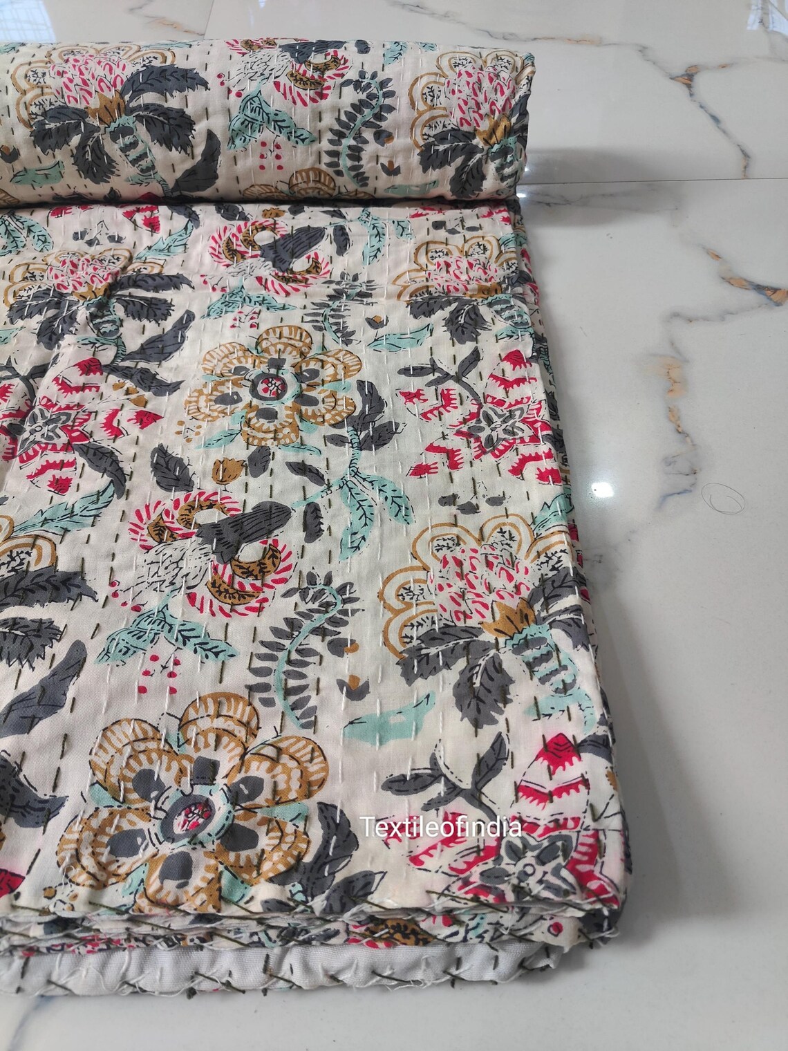 Indian Handmade Pure Cotton Plants & Tree Print Kantha Quilt, Vintage ...