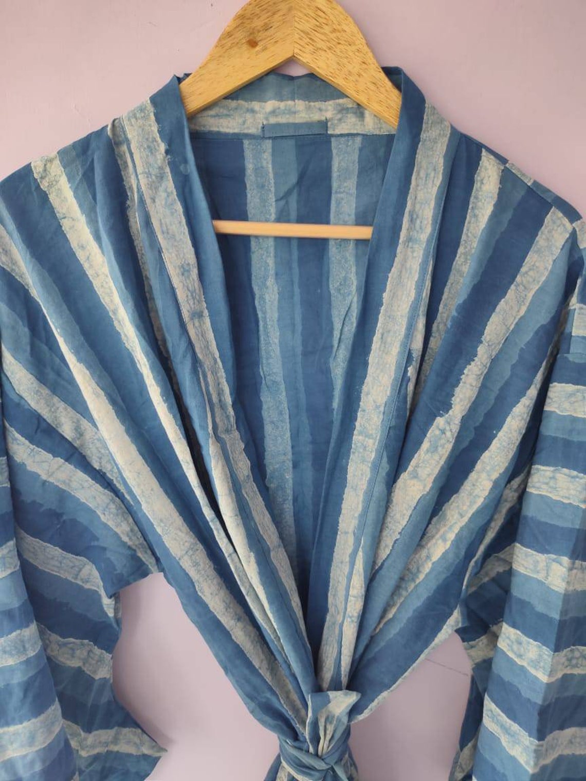 Blue Strip Handblock Kimono Robe, Japanese Kimono Cardigan Robe, Bath ...