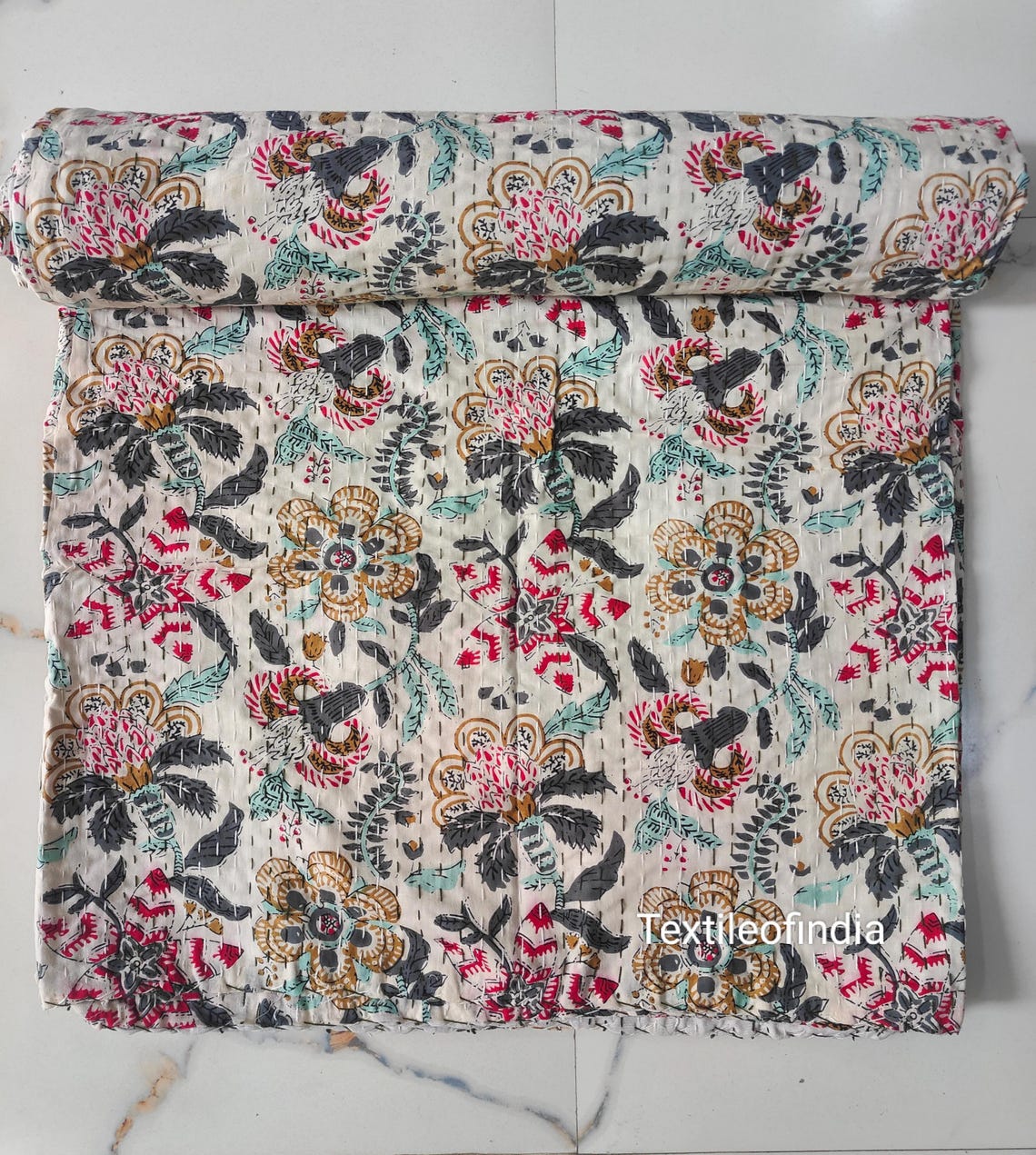 Indian Handmade Pure Cotton Plants & Tree Print Kantha Quilt, Vintage ...